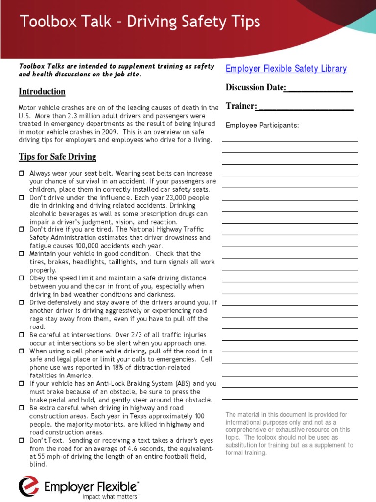 Toolbox Talk - Driving Safety Tips | PDF | Traffic Collision | Driving