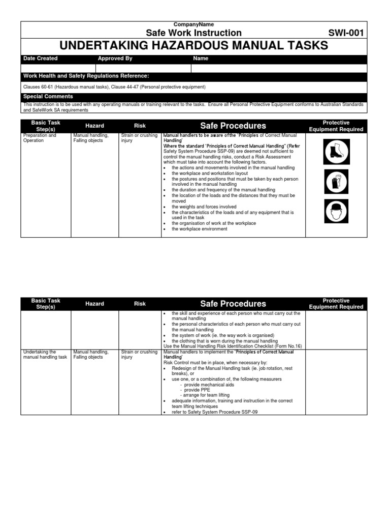 SWI-001.Manual Handling | PDF | Personal Protective Equipment | Labor ...