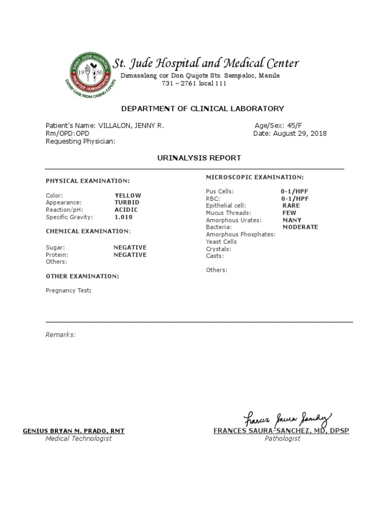 Urinalysis Result Form | PDF