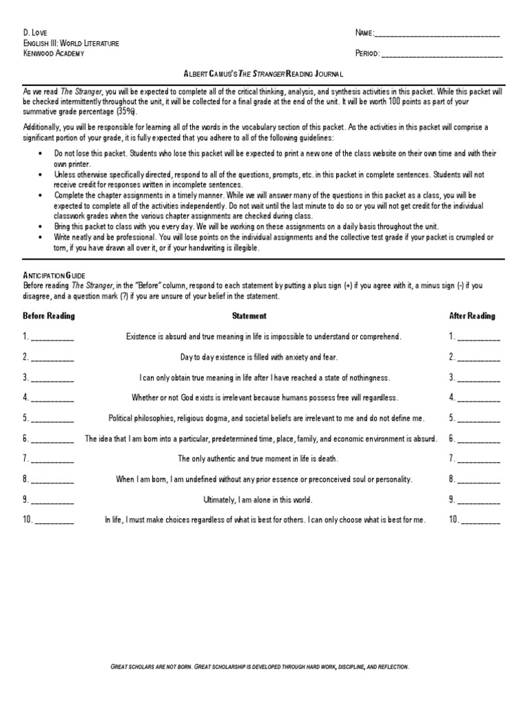 Camus's The Stranger Reading Guide | PDF