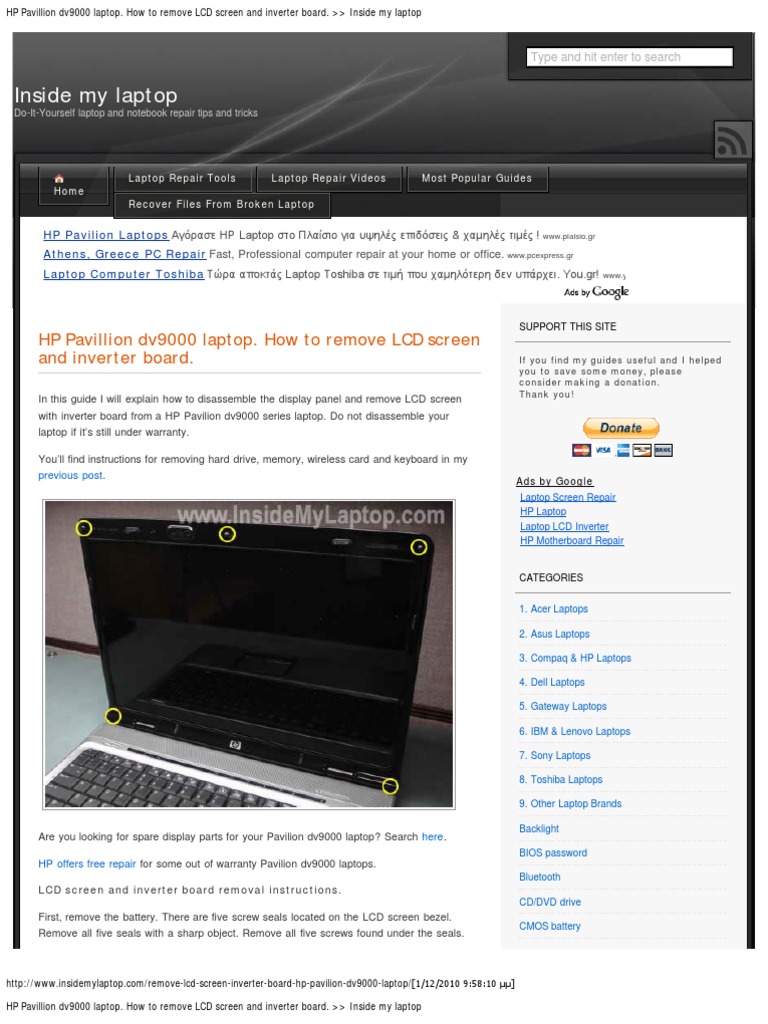 HP Pavillion Dv9000 Laptop. How To Remove LCD Screen and Inverter Board ...
