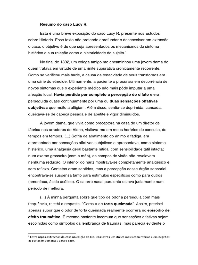 Resumo Do Caso Lucy R | PDF | Sigmund Freud | Histeria