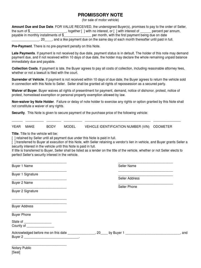Promissory Note Motor Vehicle | PDF | Promissory Note | Law And Economics