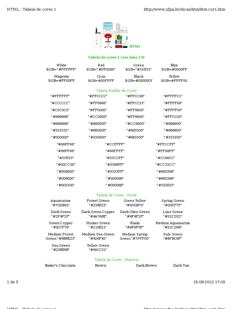 HTML Tabela de Cores 1 (Em Base 10) | PDF | Cyberspace | Computing