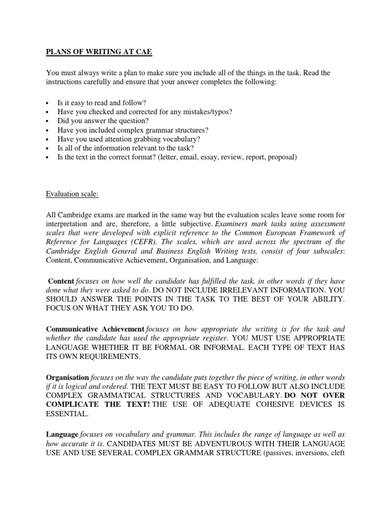 Plans of Writing at Cae | PDF | Test (Assessment) | Reason