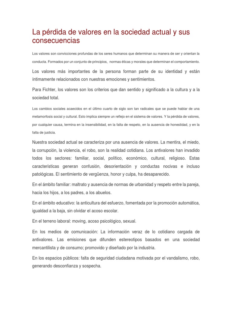La Pérdida de Valores en La Sociedad Actual y Sus Consecuencias | PDF ...