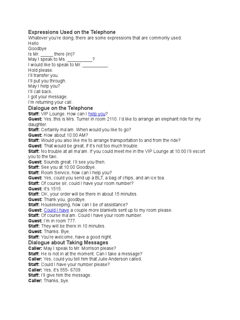 Telephone Conversations in Hotels | PDF | Gratuity | Waiting Staff