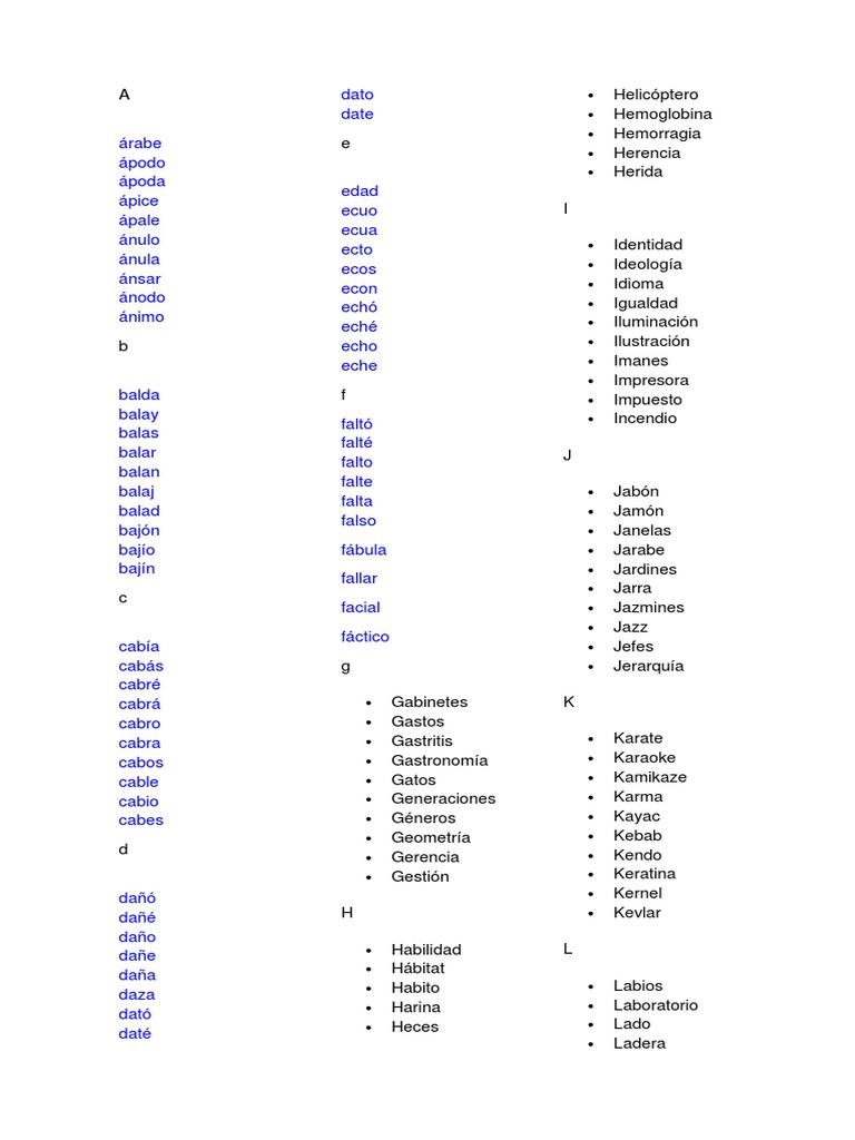 Lista de palabras en español de A a Z | PDF | Naturaleza
