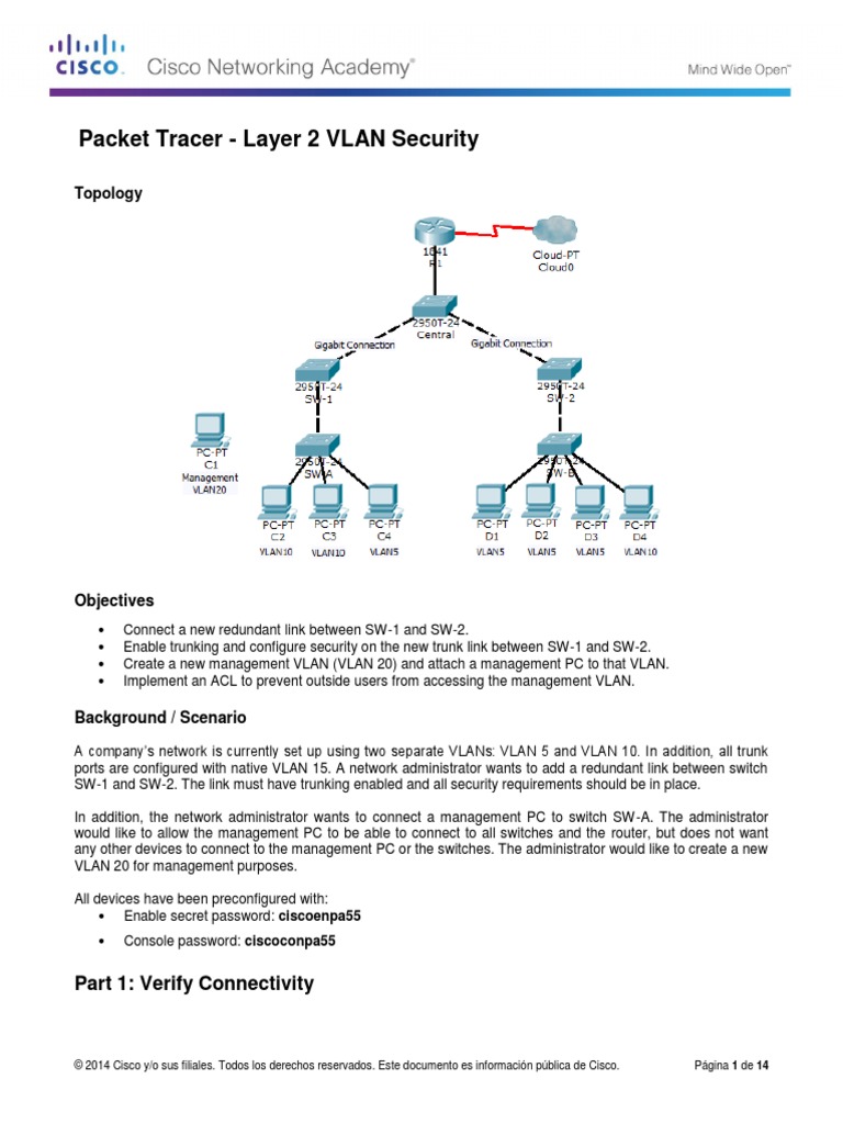 6.5.1.3 Packet Tracer - Layer 2 VLAN Security | PDF | Router (Computing) | Computer Network