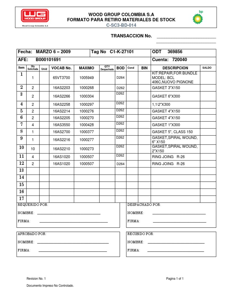 Formato para Retiro Materiales de Stock | PDF