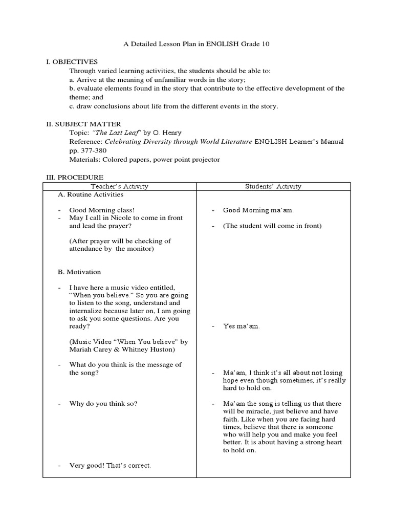 The Last Leaf | PDF | Lesson Plan