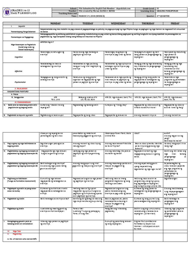 Grade 6 DLL Araling Panlipunan Q4 Week 8 | PDF
