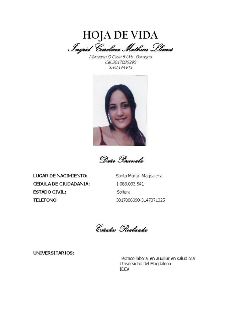 Hoja de Vida Ingrid Mathieu | PDF | Cuidado de la salud | Bienestar