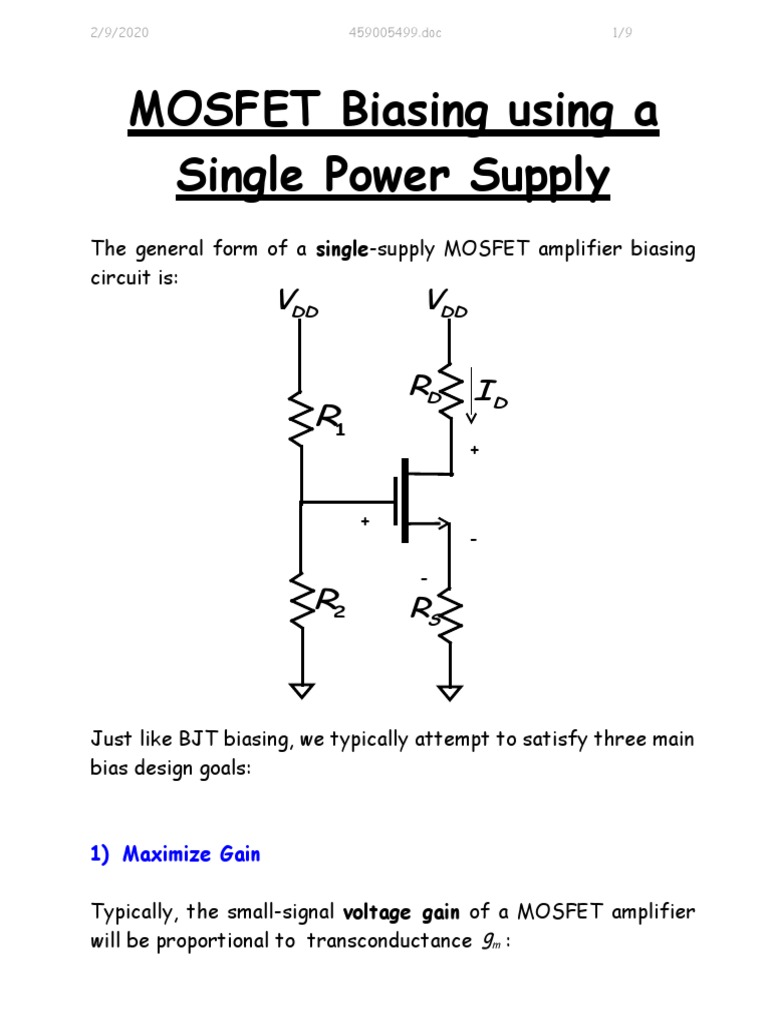 MOSFET Biasing with Single Supply | PDF | Field Effect Transistor | Mosfet