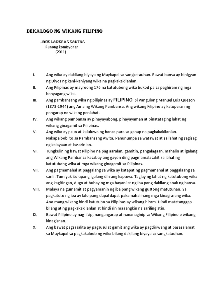 DEKALOGO NG WIKANG Filipino | PDF
