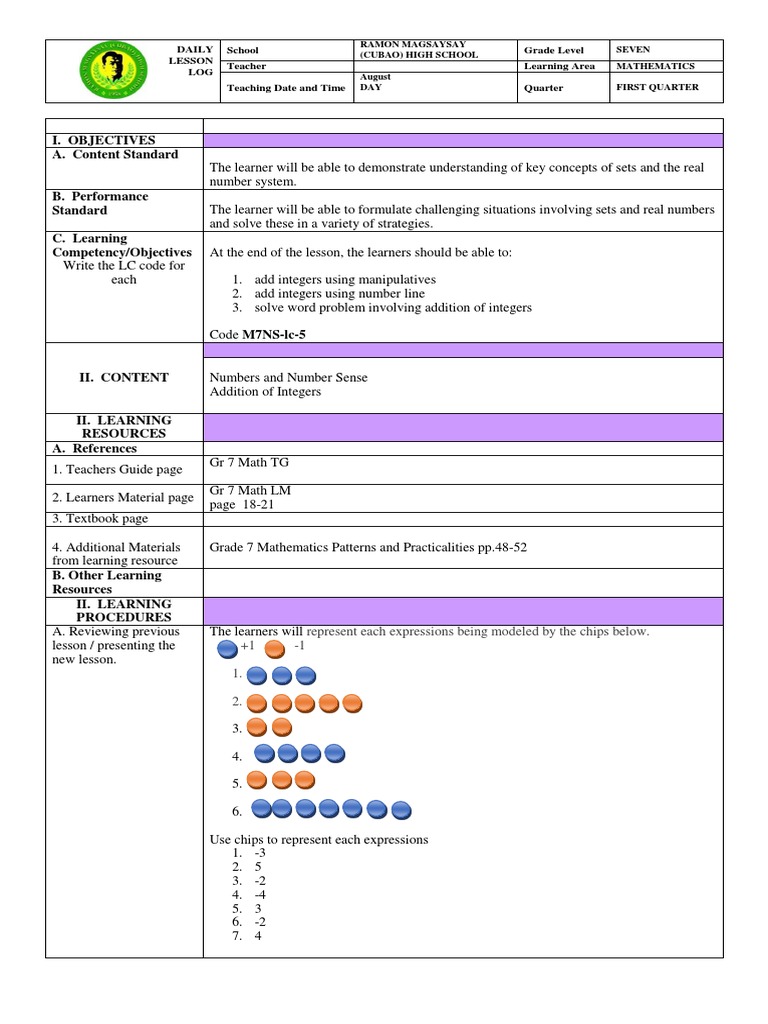 Lesson Plan On Addition of Integers | PDF | Ion | Pedagogy