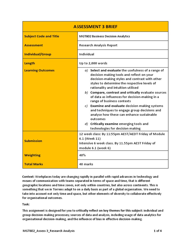 Assessment 3 Brief | PDF | Data Analysis | Decision Making