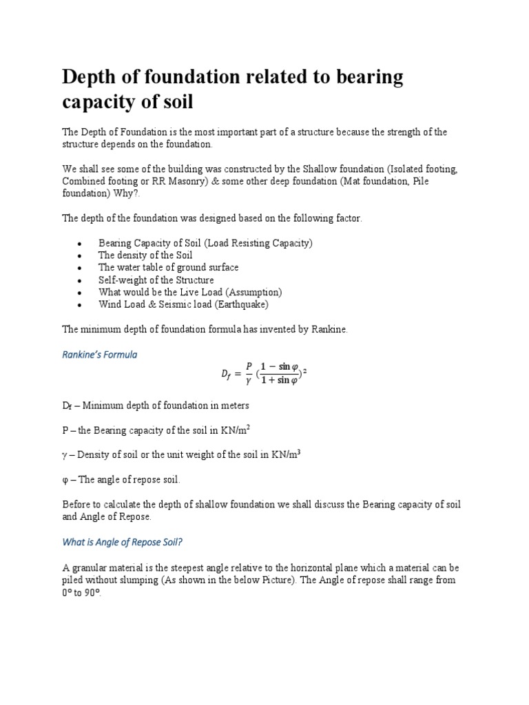 Depth of Foundation Related To Bearing Capacity of Soil | PDF ...