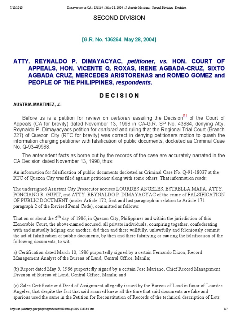 Dimayacyac Vs CA - 136264 - May 28, 2004 - J | PDF | Double Jeopardy | Plea