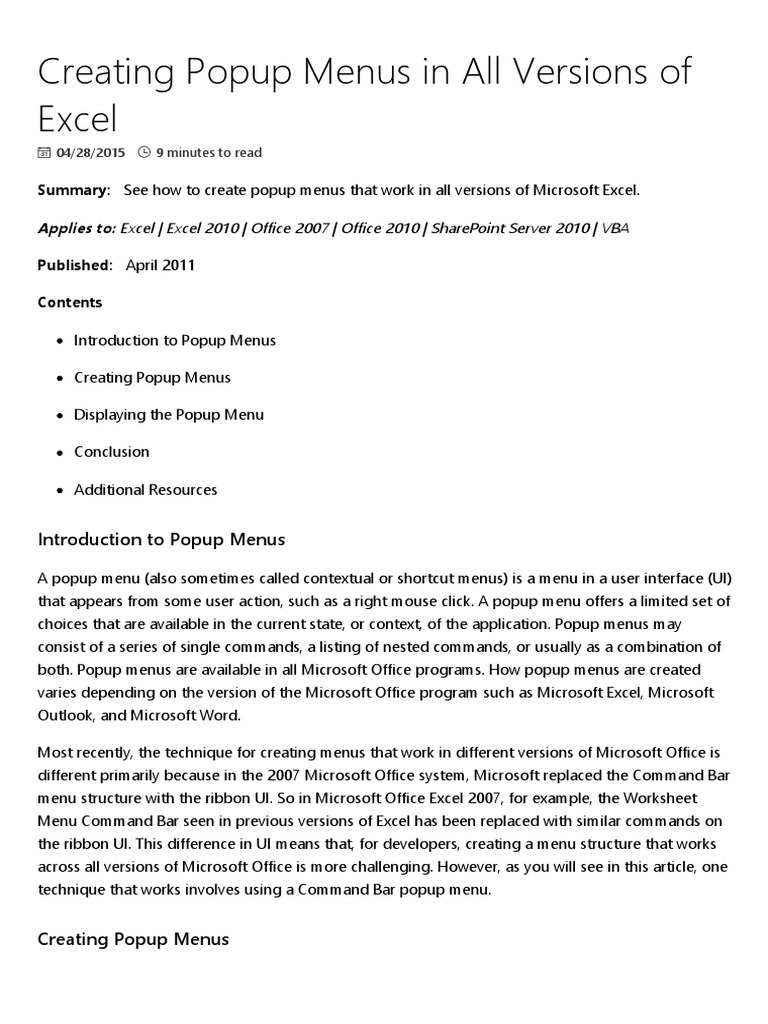 Creating Popup Menus in All Versions of Excel - Microsoft Docs ...