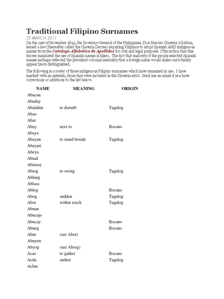 Traditional Filipino Surnames | PDF | Languages Of Asia | Philippines