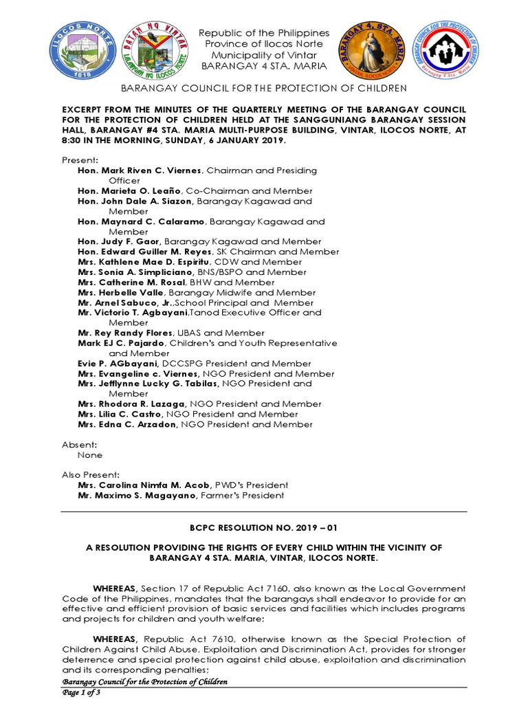 BCPC Resolution Number 001 (Series 2019) | PDF | Children's Rights ...