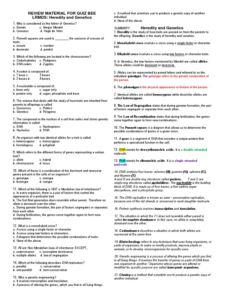 Heredity and Genetics Quiz Review | PDF | Genetics | Gene