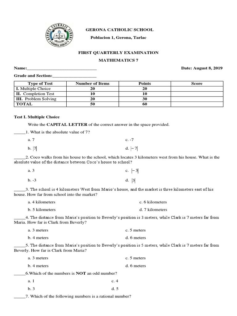 1st Quarterly Exam Math 7 | Download Free PDF | Integer | Multiplication
