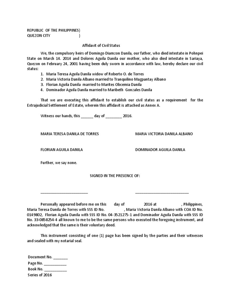 Affidavit of Civil Status for Heirs | PDF | Law