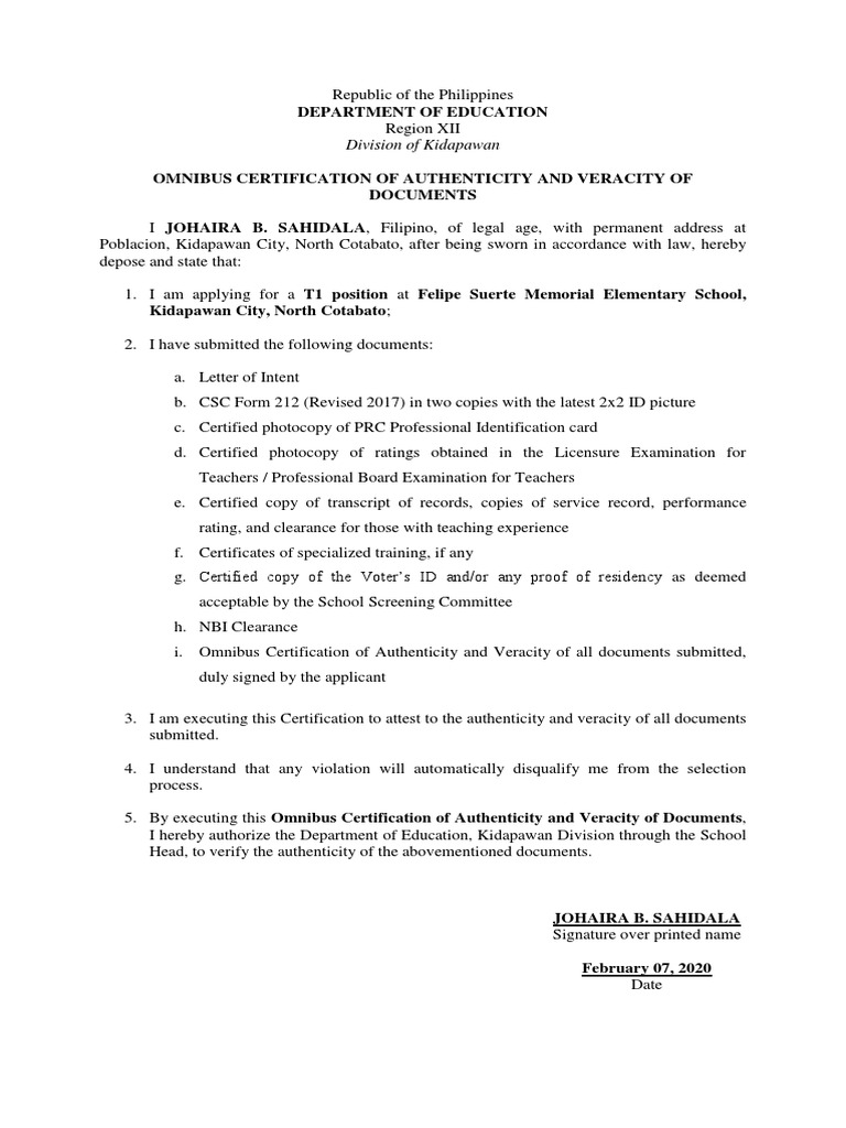 Omnibus Certification for Teacher Applicants | PDF | Identity Document ...