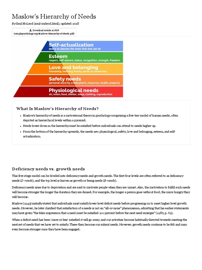 Maslow's Hierarchy of Needs - Simply Psychology | PDF | Self ...