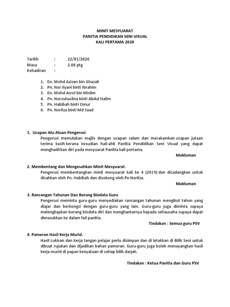 Minit Mesyuarat Panitia Seni | PDF