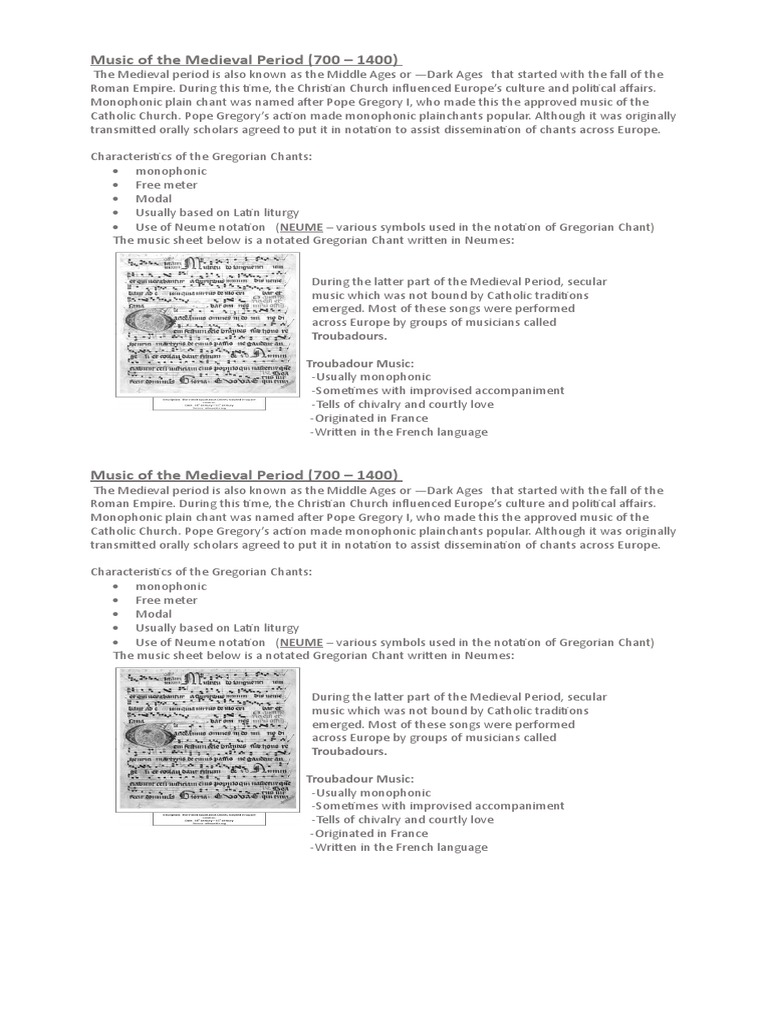 Music of The Medieval Period Sheets | PDF | Gregorian Chant | Middle Ages