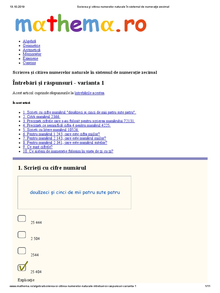 Scrierea Şi Citirea Numerelor Naturale În Sistemul de Numeraţie Zecimal ...
