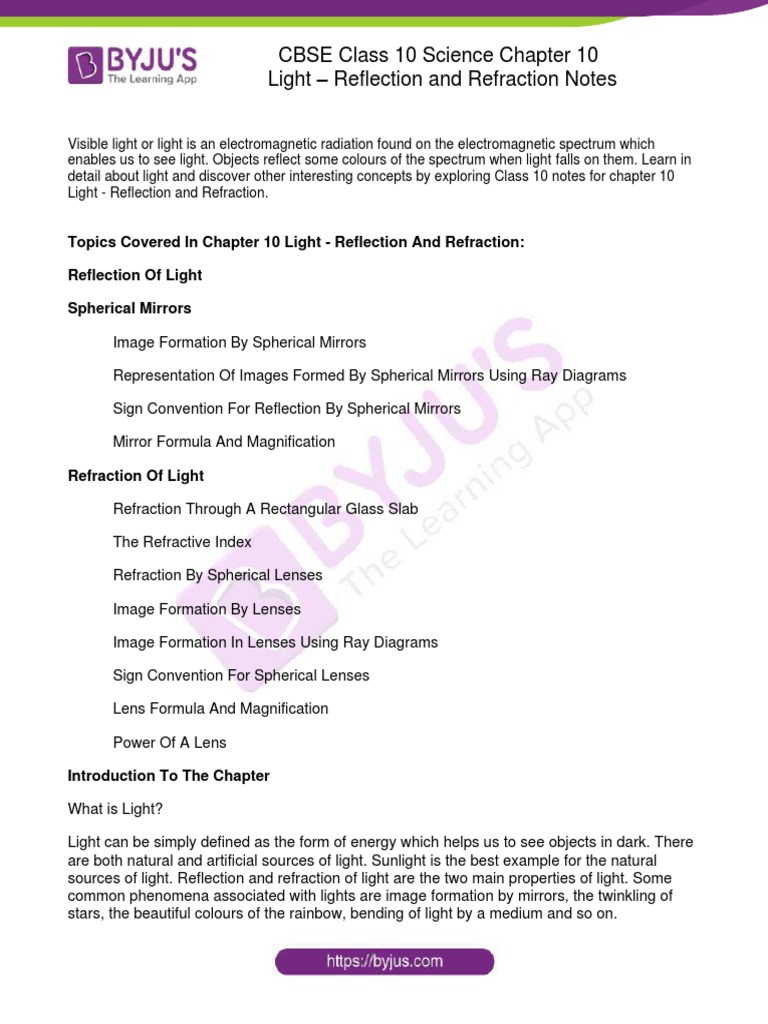 CBSE Class 10 Science Chapter 10 Notes | PDF | Reflection (Physics ...