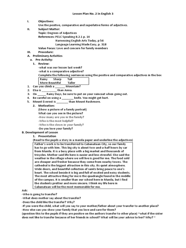 Lesson Plan No 2 | PDF | Adjective | Linguistic Typology