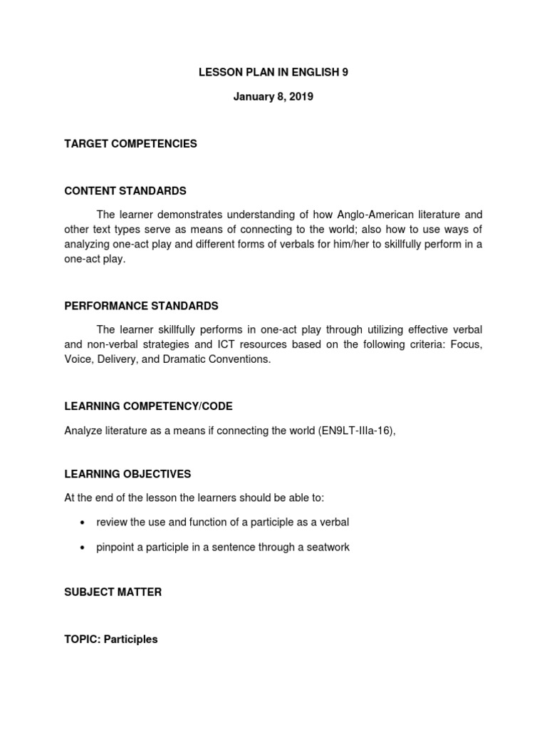 Lesson Plan For Grade 9: Participles | PDF | Lesson Plan | Verb