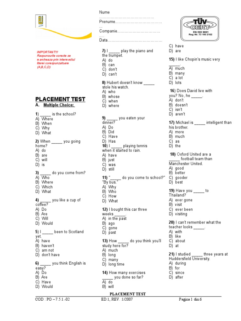 Placement Test Review Document | PDF