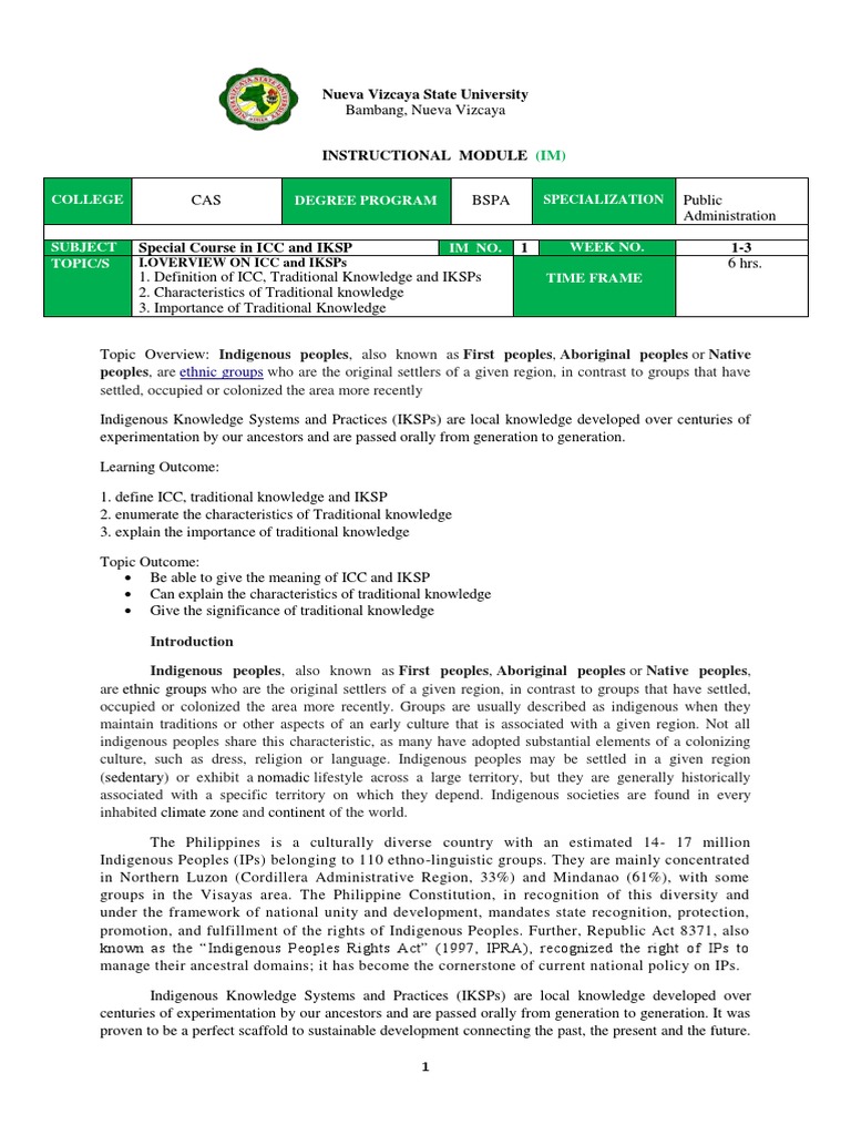 Modlude 1 ICC&IKSP | PDF | Indigenous Peoples | Traditional Knowledge