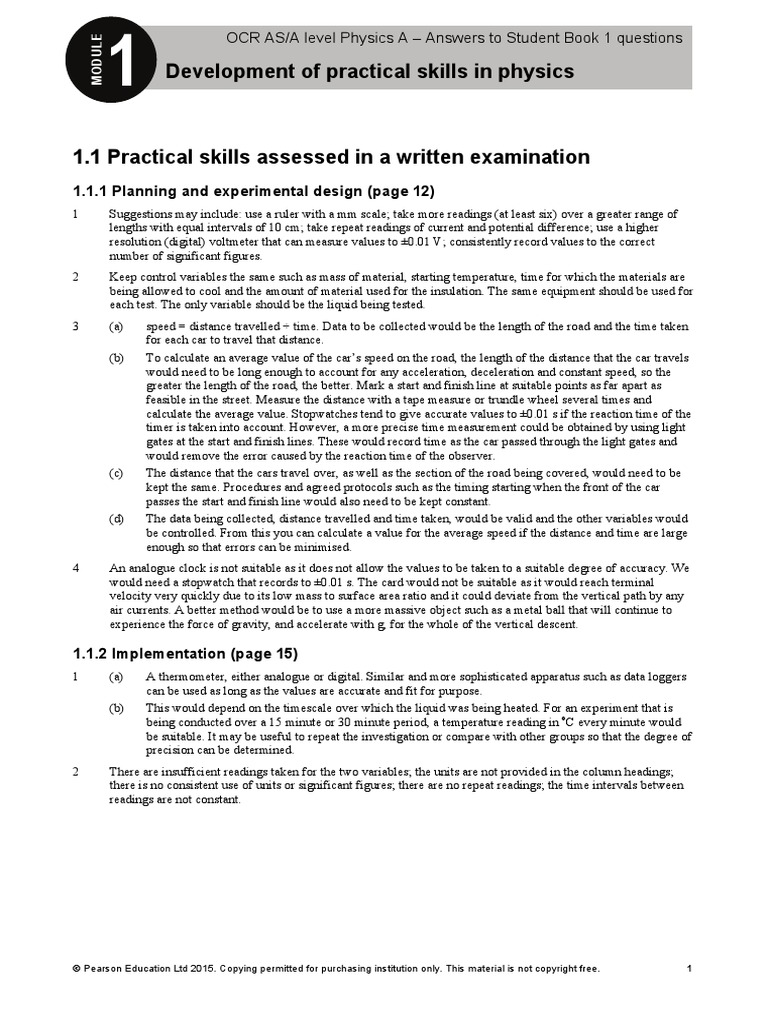 OCR AS and A Level Physics Student Book 1 ANSWERS PDF | PDF | Observational Error | Euclidean Vector