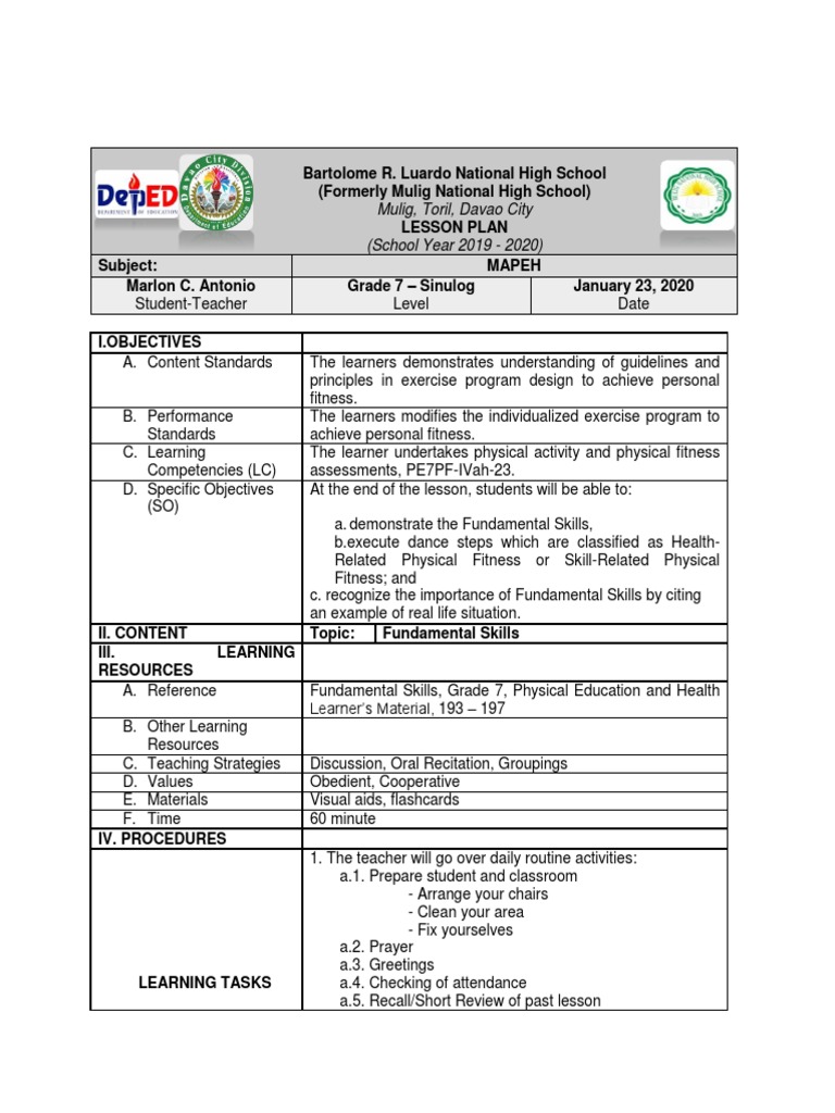 Fundamental Skill LP Grade 7 | PDF | Lesson Plan | Learning