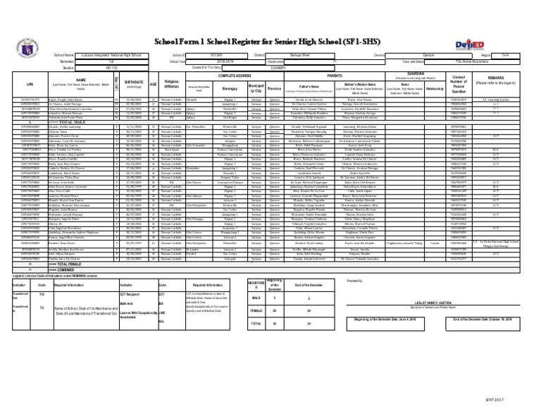 School Form 1 School Register for Senior High School (SF1-SHS) at ...