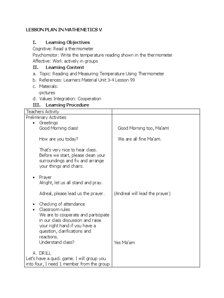 Lesson Plan in Mathemetics V | PDF | Celsius | Thermometer