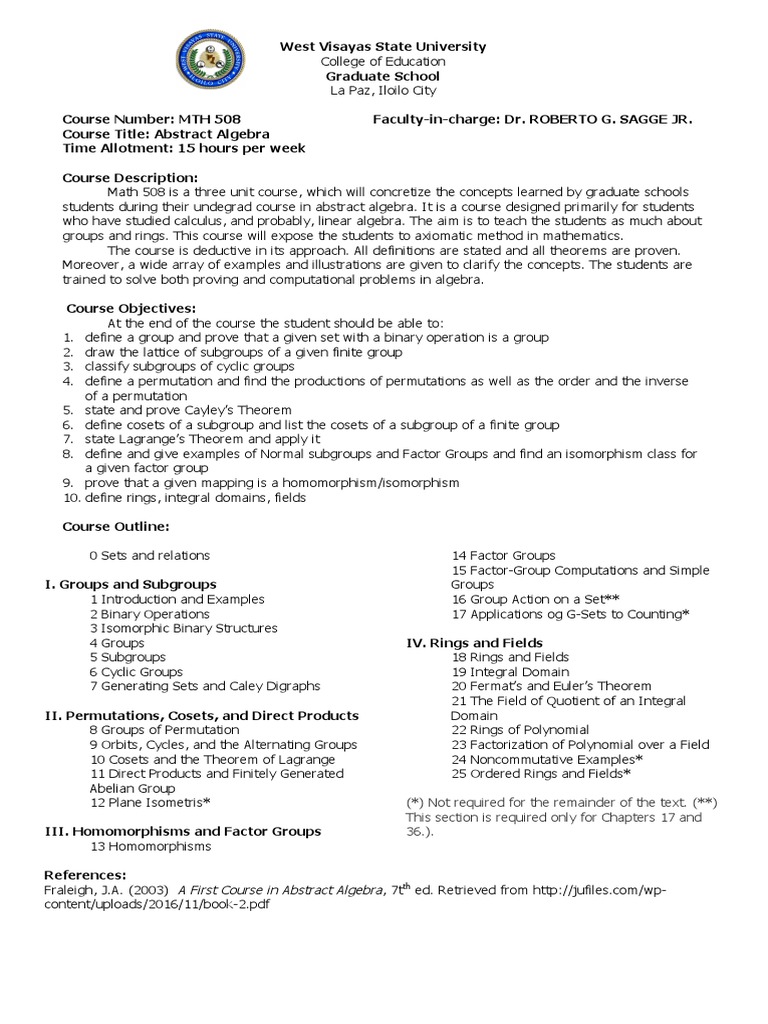 An Introduction to Abstract Algebra: Course Outline for Math 508 | PDF ...