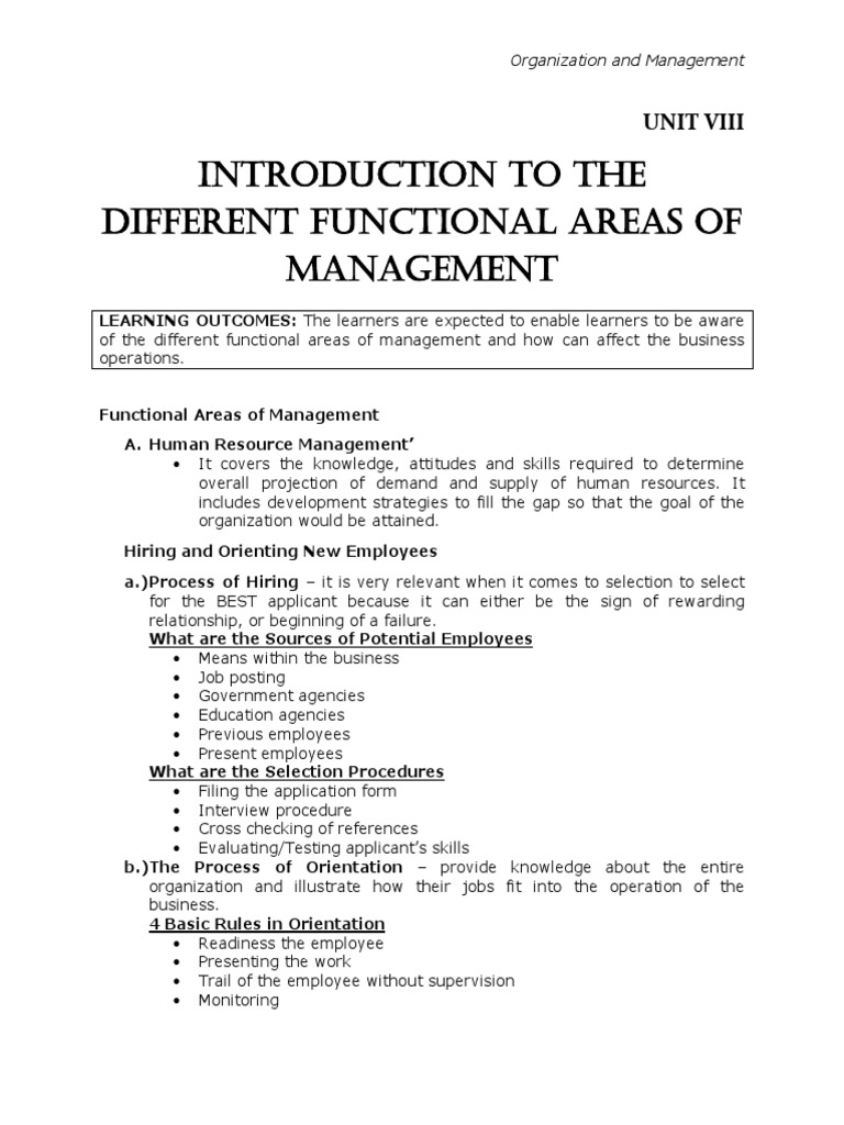 ORGMGT UNIT VIII Introduction To The Different Functional Areas of ...