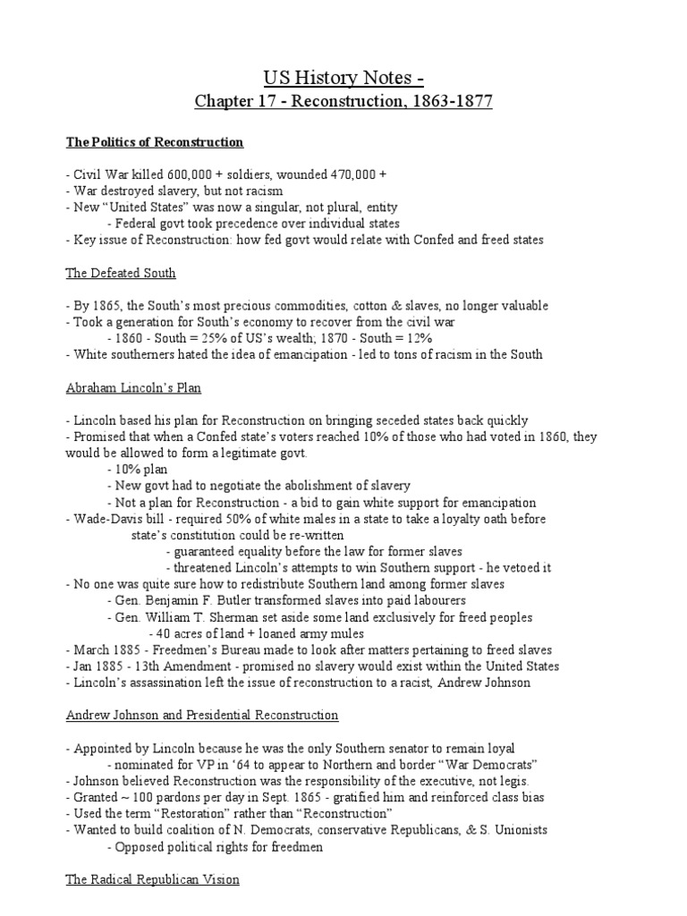 US History Notes - : Chapter 17 - Reconstruction, 1863-1877 | Download ...