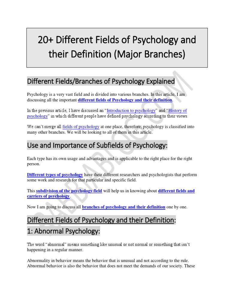 Fields Branches Psychology Definition PDF | PDF | School Psychology ...