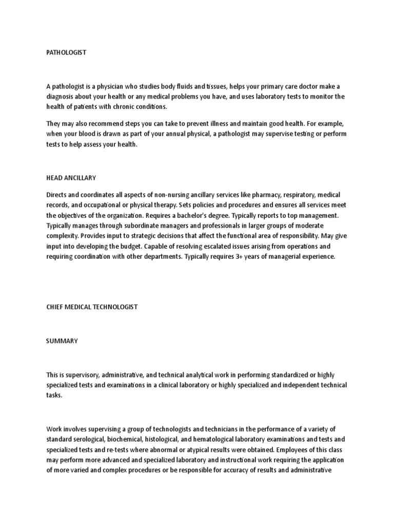 Job Description | PDF | Medical Laboratory | Pathology