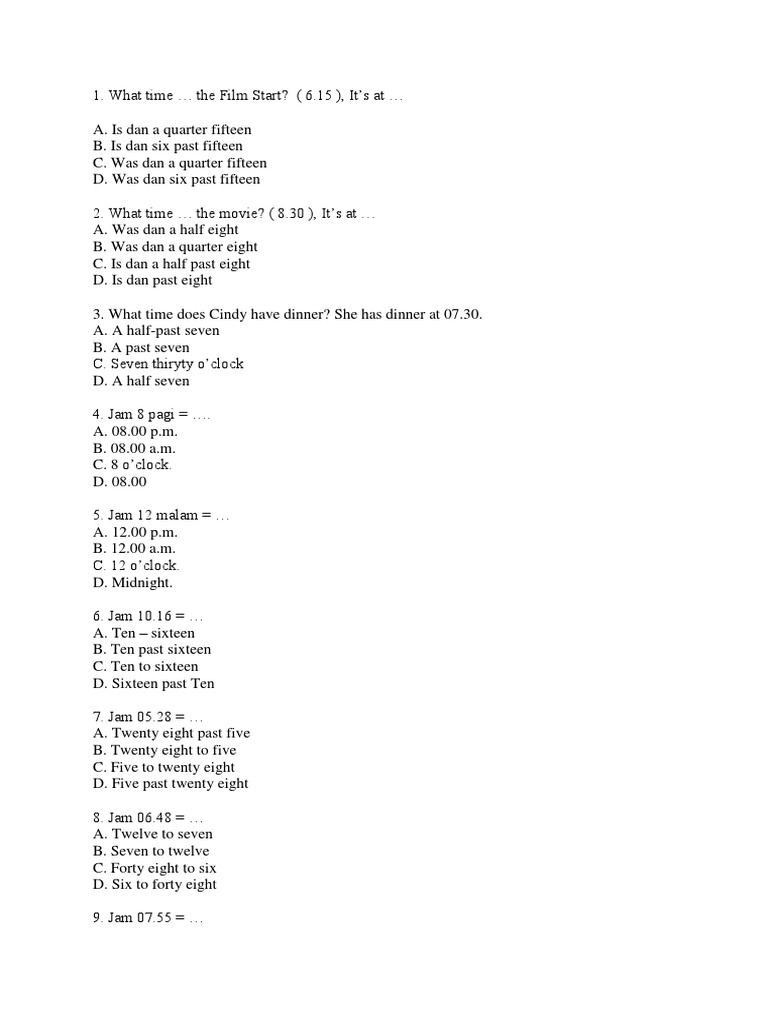 Latihan Soal Telling The Time | PDF