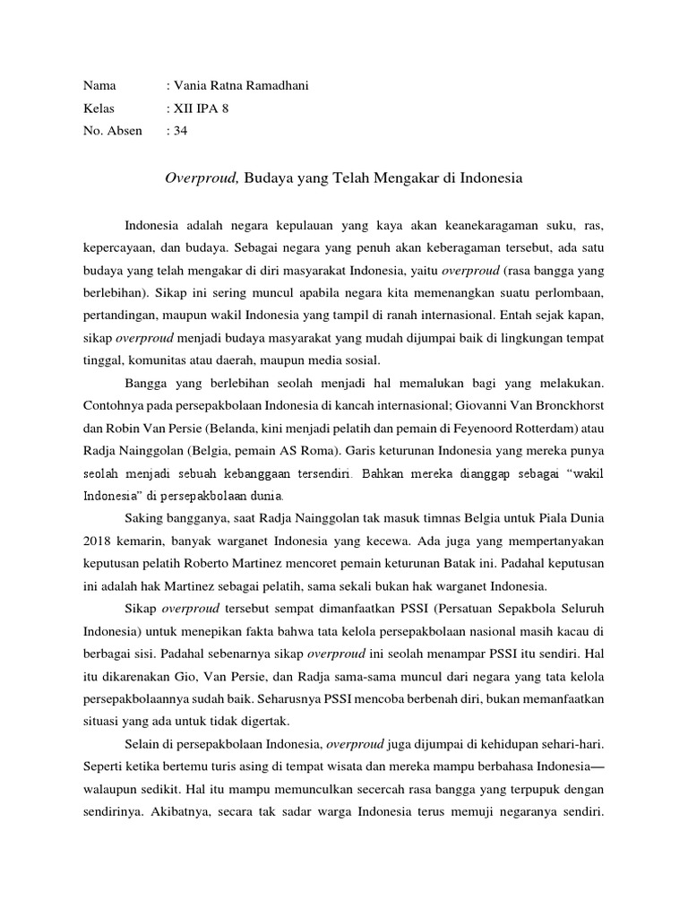 Budaya Overproud (ESAI BAHASA INDONESIA) | PDF